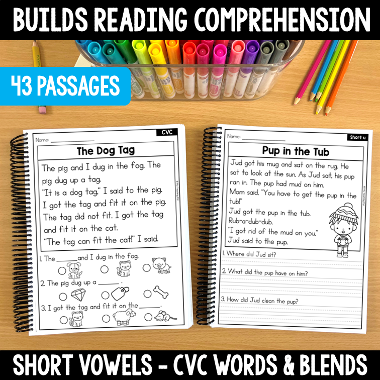 Decodable Reading Comprehension Passages Short Vowels CVC & Blends ...