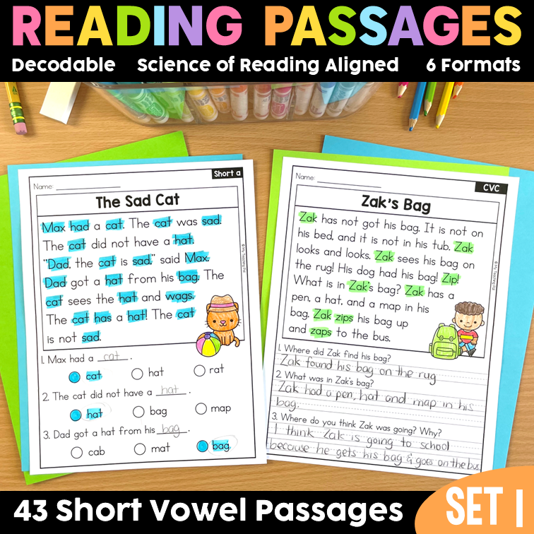 Decodable Reading Comprehension Passages Short Vowels CVC & Blends ...